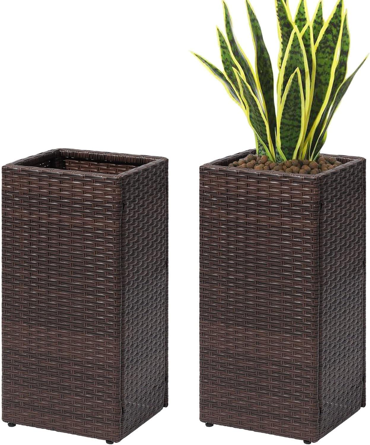 2 Pack Tall Planters for Outdoor Plants Rattan Modern Tall Square ...