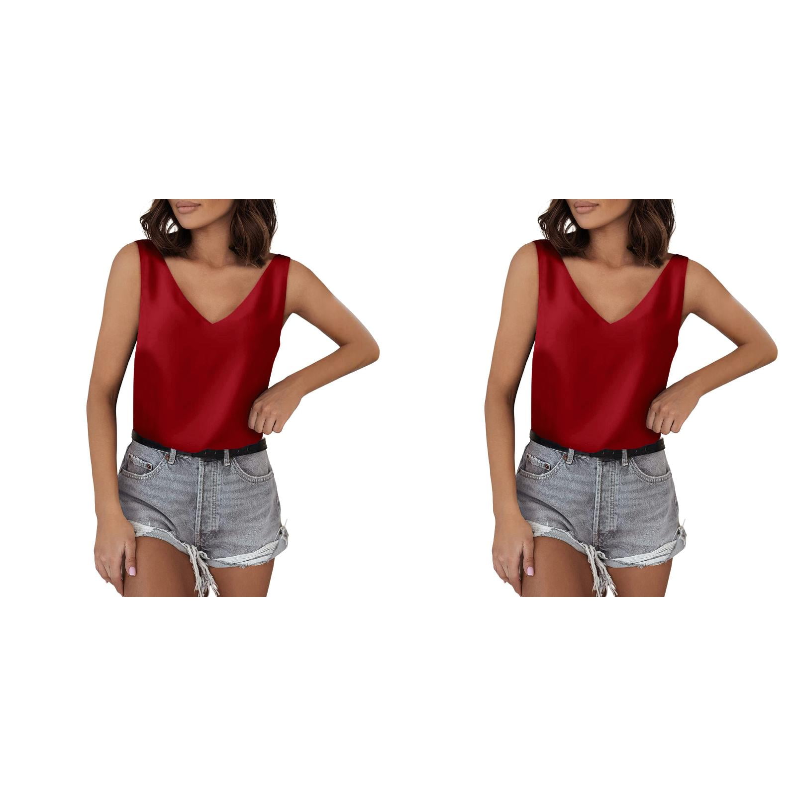 2 Pack,Tank Tops For Women V Neck Silk Summer Satin Sleeveless Blouse ...