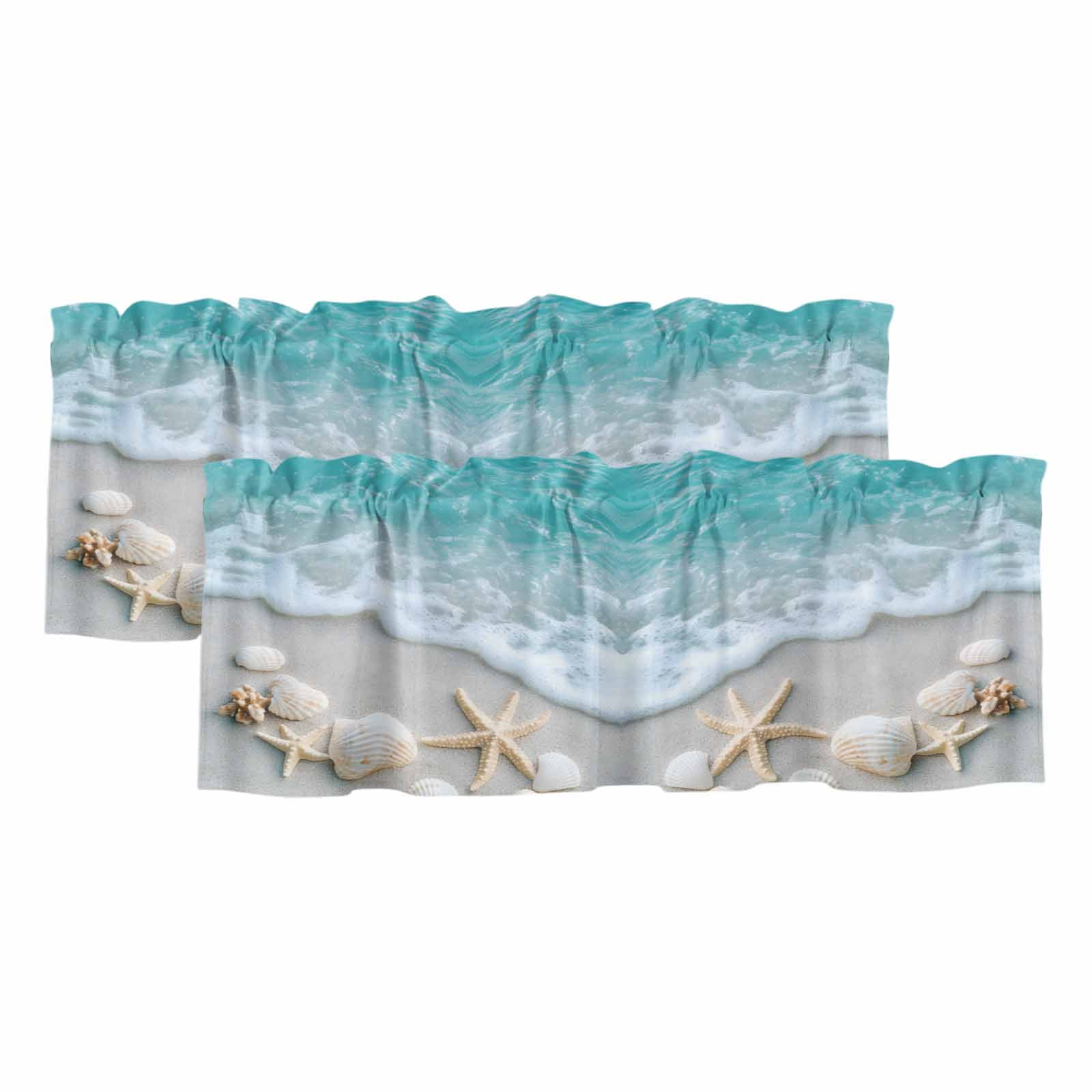 2 Pack Teal Beige Valance for Window Beach Starfish Seashell Sand Sea Waves Scenery Kitchen ...