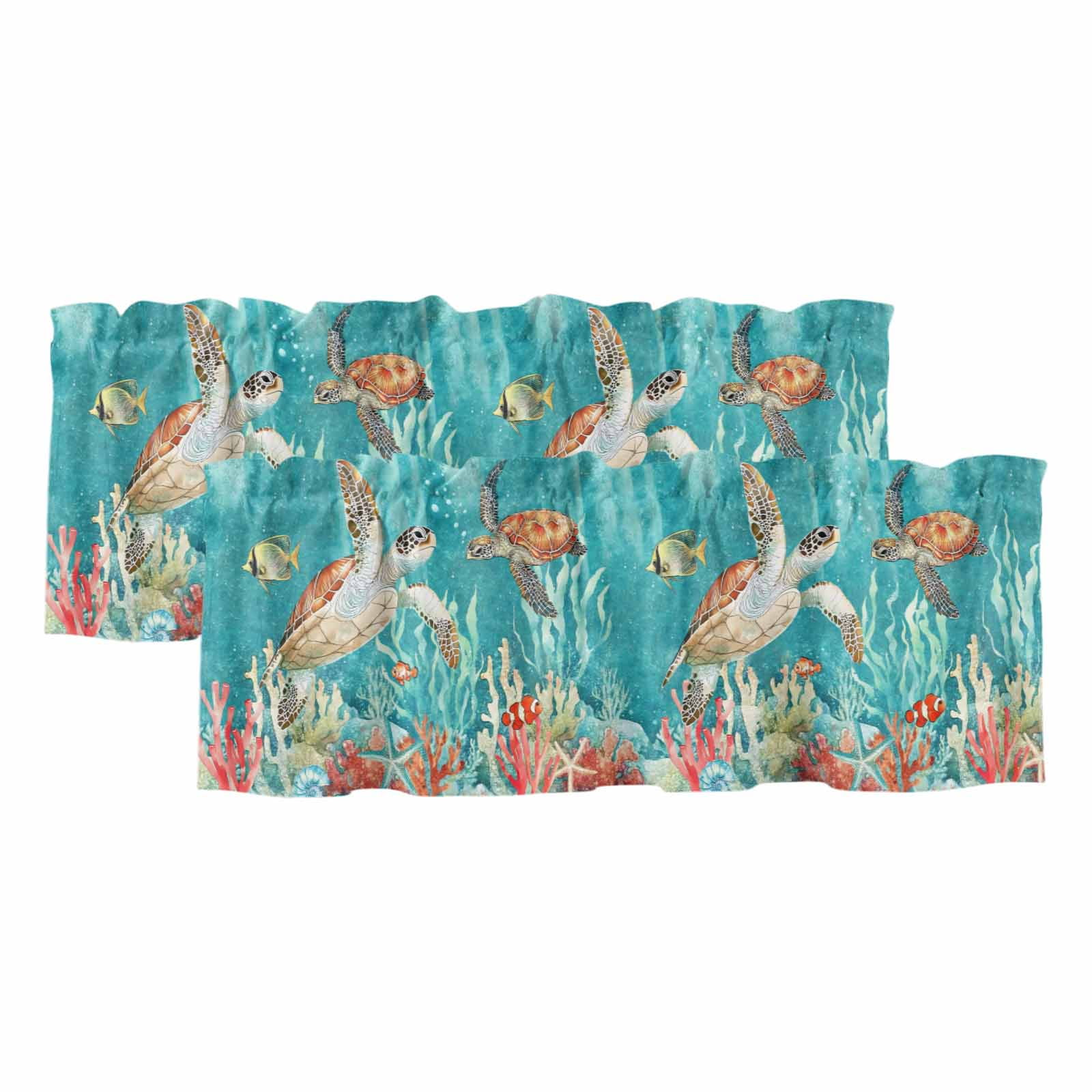 2 Pack Teal Sea Turtle Valance for Window Retro Ocean Fish Seashell Coral Nautical Kitchen ...