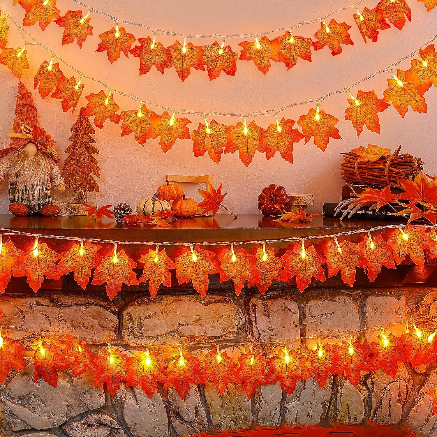 2 Pack Thanksgiving Decorations Fall Leaves Garland with Lights,50FT ...
