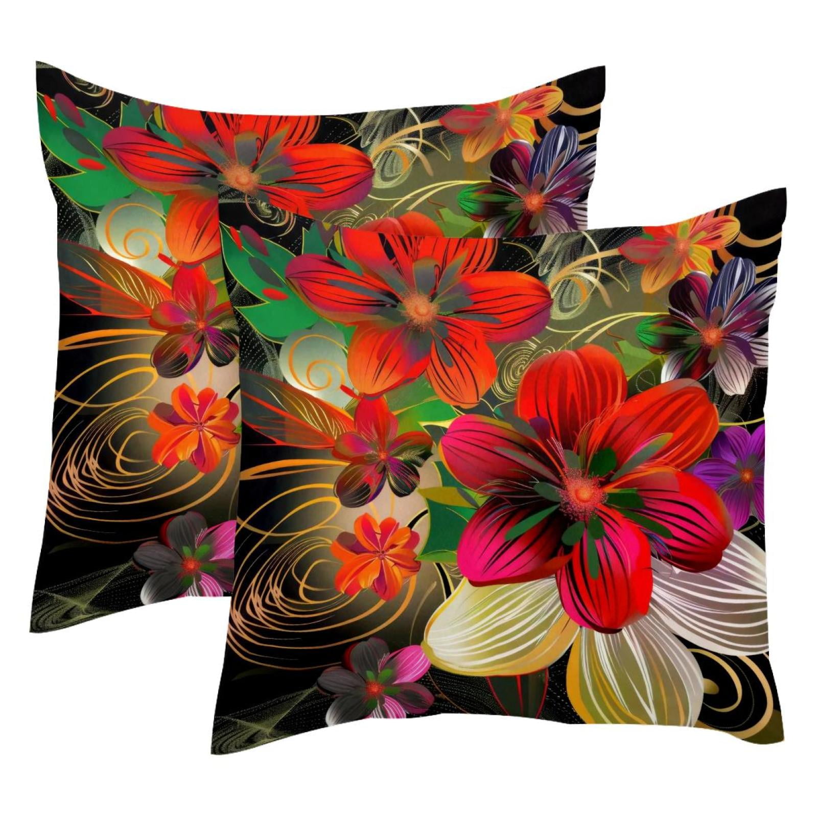 2 Pack Throw Pillow Covers Abstract Floral Red Flowers Decorative ...