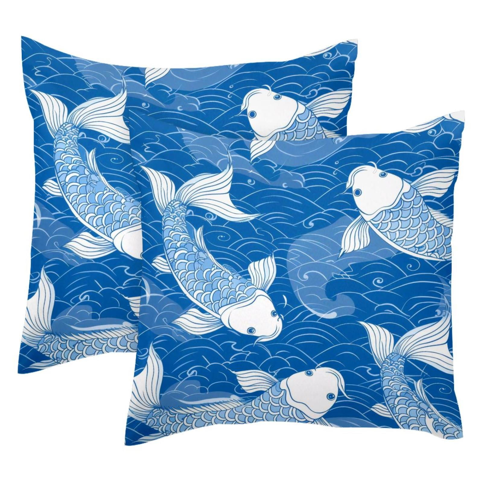 2 Pack Throw Pillow Covers Blue Fish Koi Wave Pattern Decorative Pillow ...