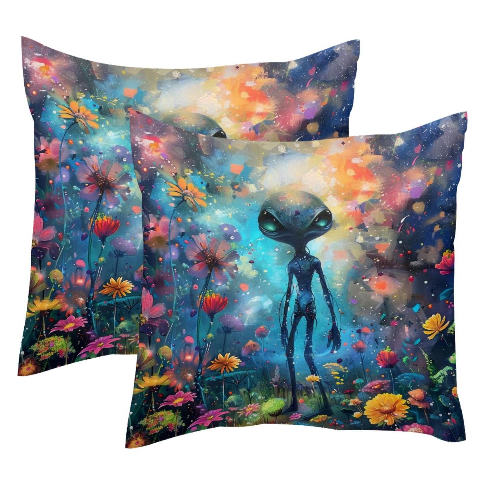 2 Pack Throw Pillow Covers Colorful Floral Alien Galaxy Decorative ...