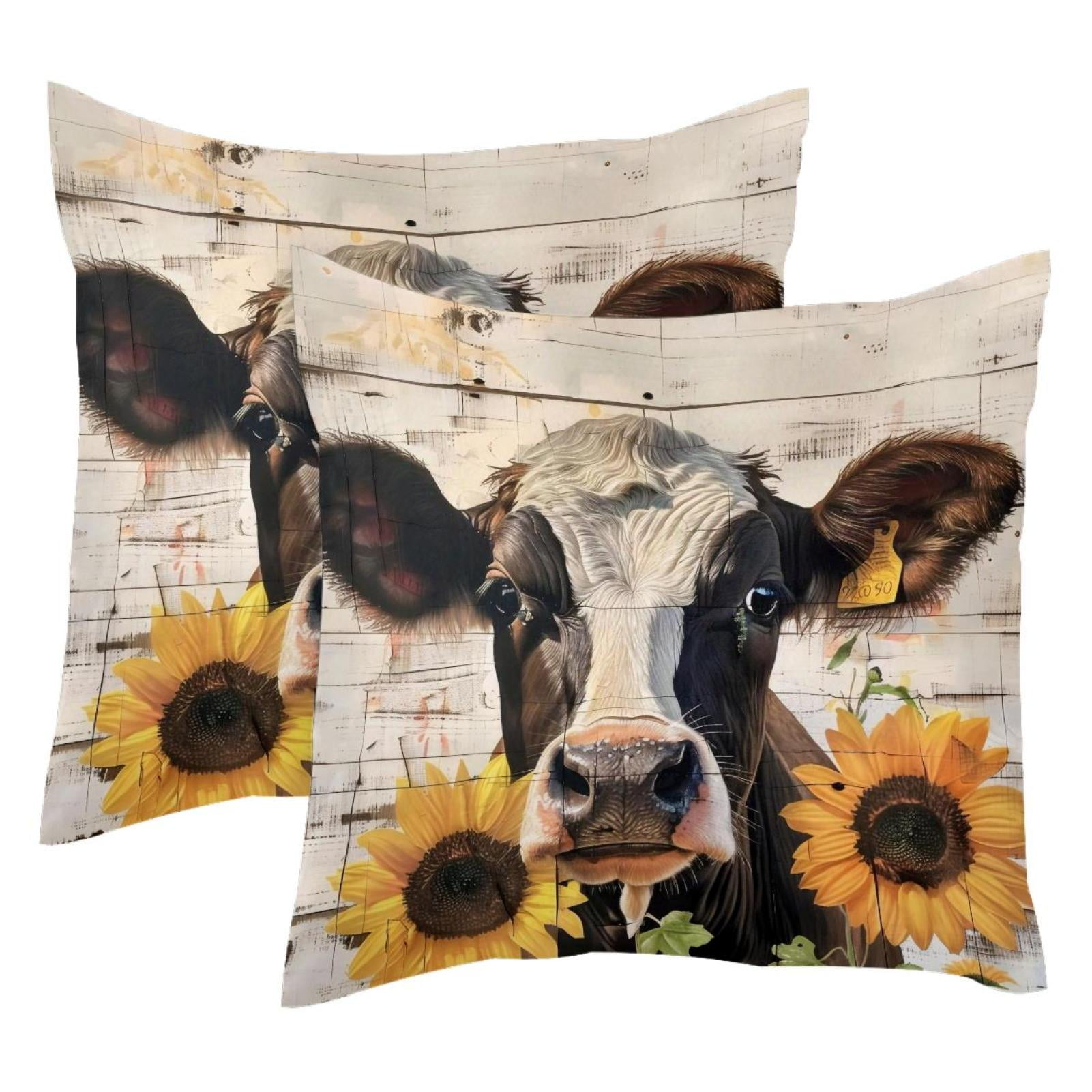 2 Pack Throw Pillow Covers Cow Sunflower Wood Board Decorative Pillow ...