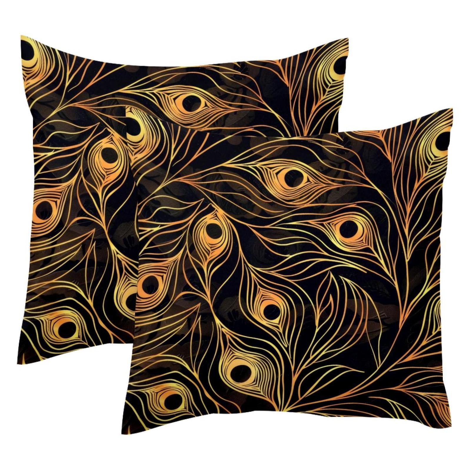 2 Pack Throw Pillow Covers Peacock Feather Golden Patterns Decorative ...