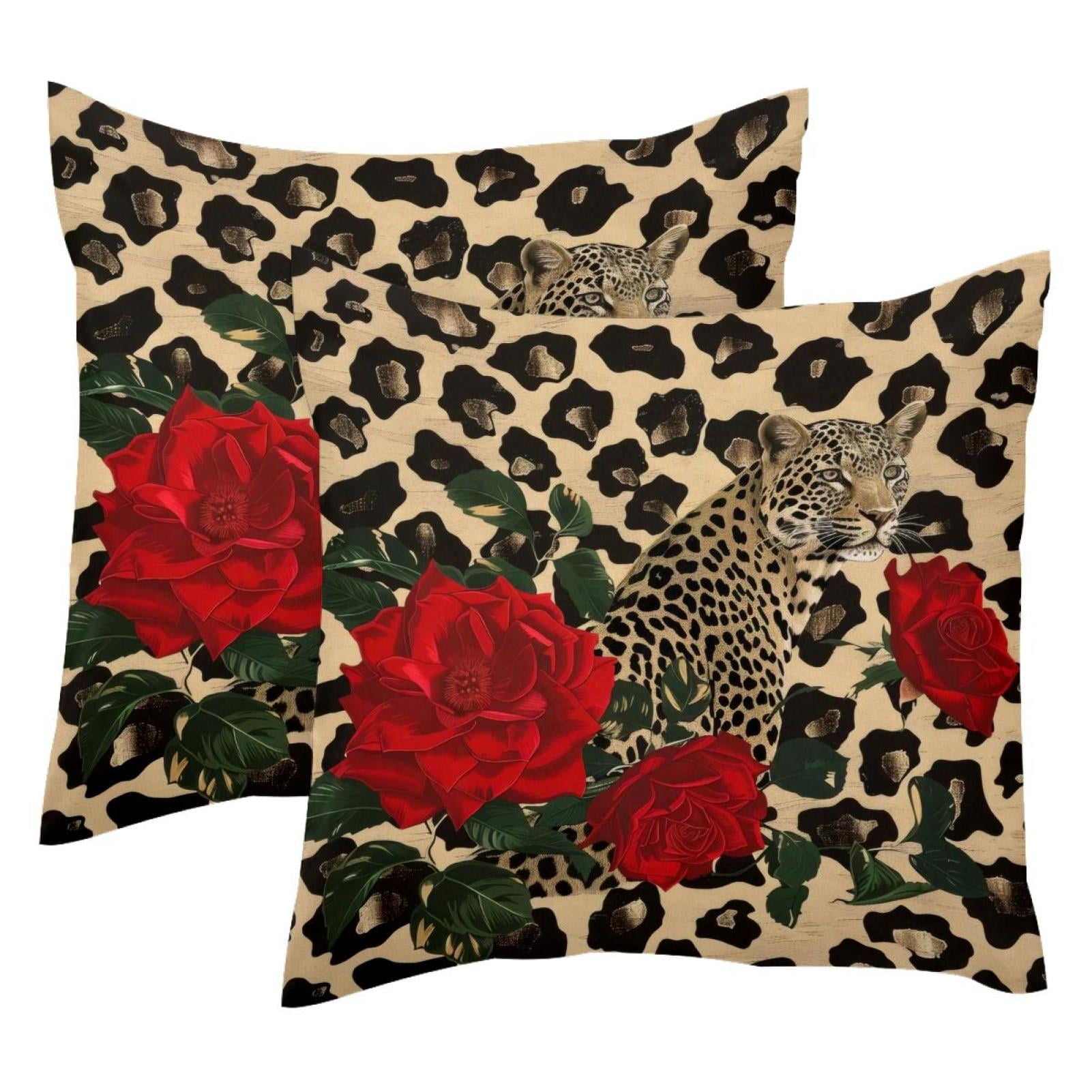 2 Pack Throw Pillow Covers Red Roses Leopard Print Decorative Pillow ...