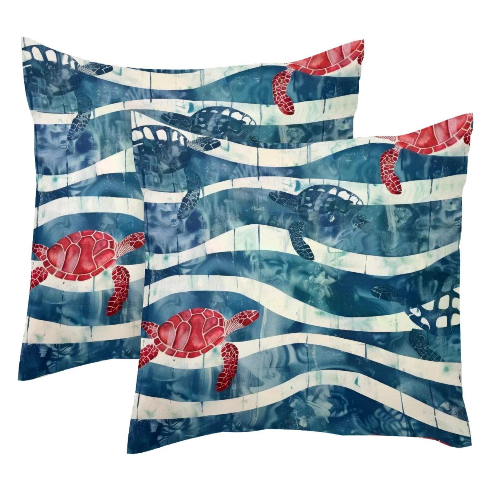 2 Pack Throw Pillow Covers Red Turtles on Wave Stripe Decorative Pillow ...