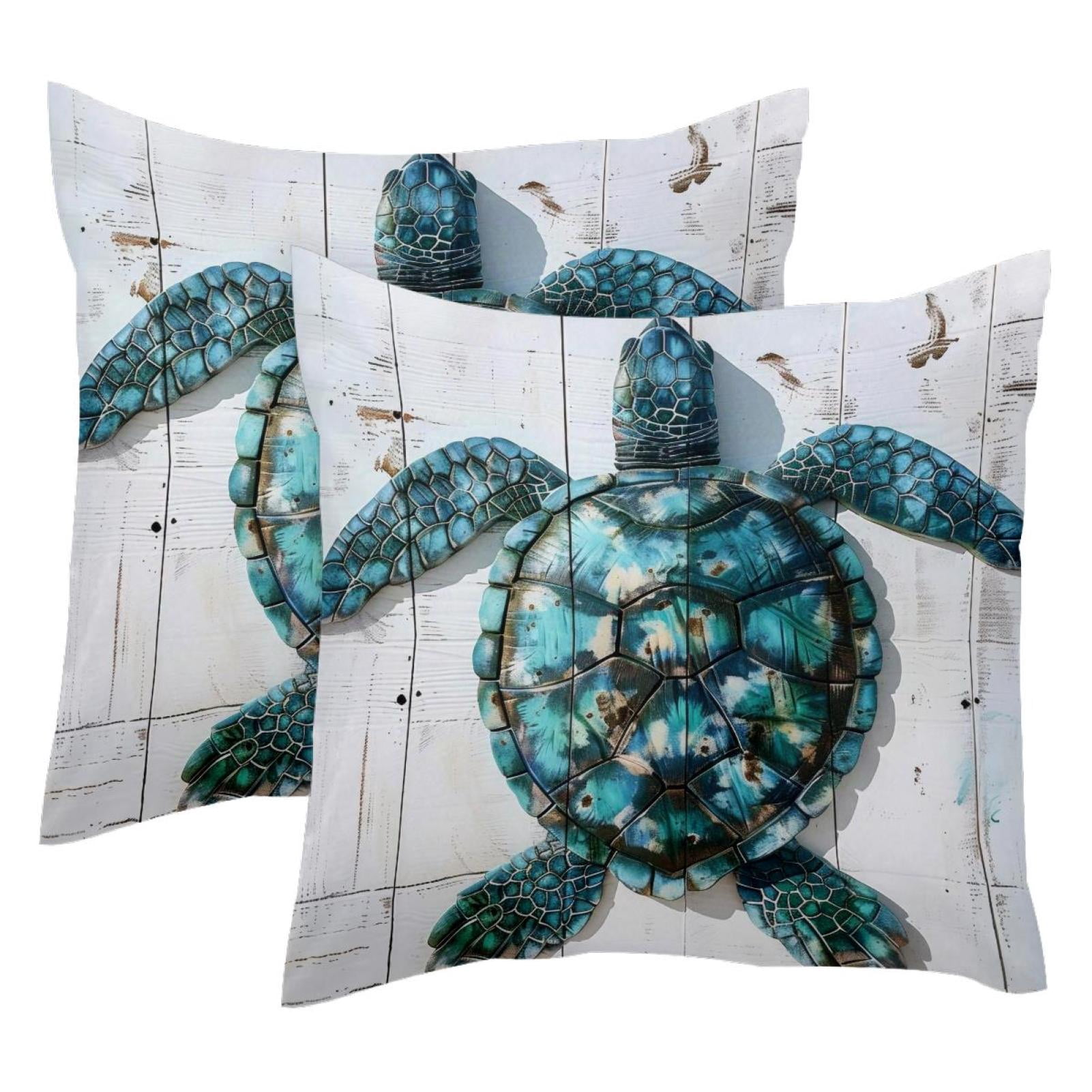 2 Pack Throw Pillow Covers Sea Turtle Wooden Board Decorative Pillow ...