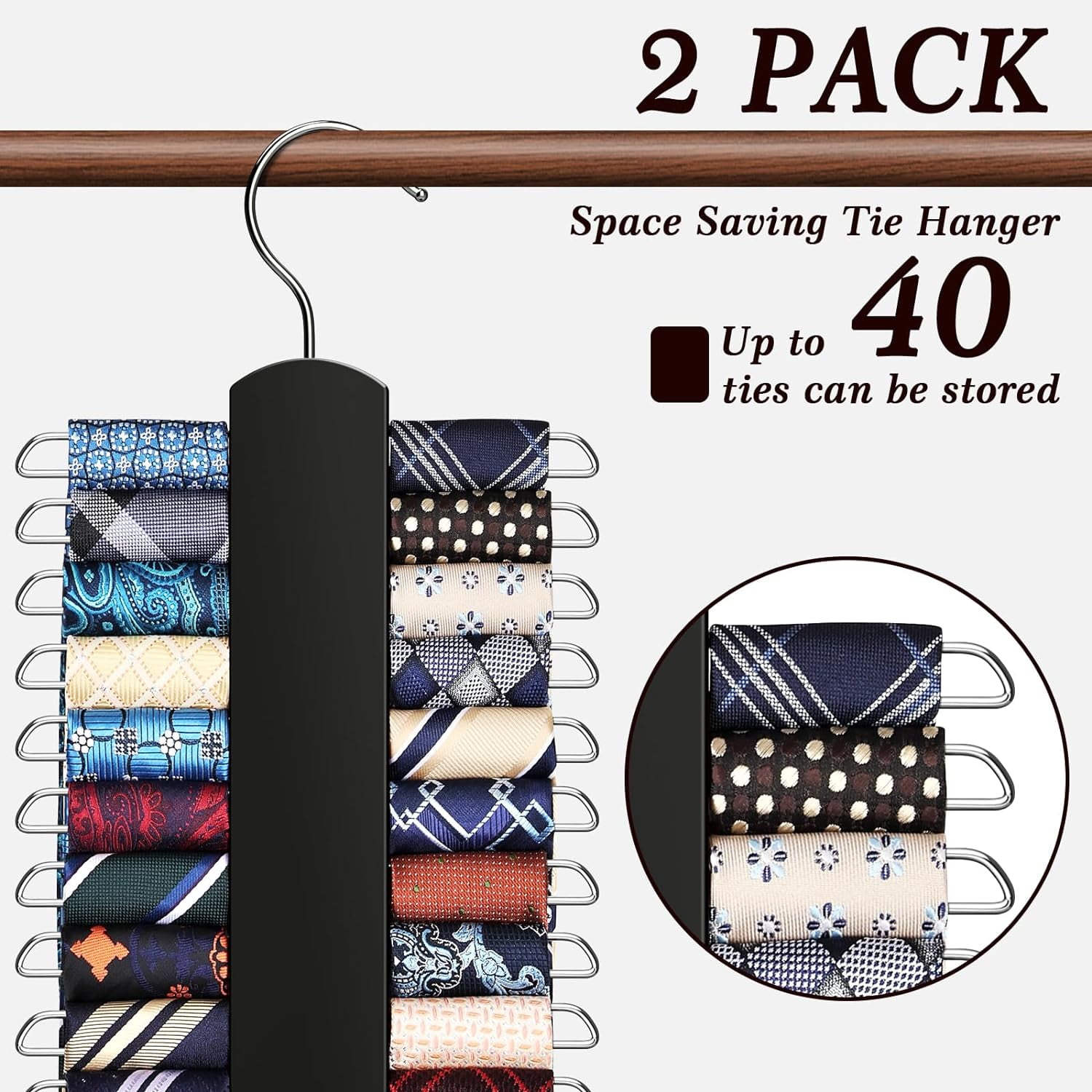2 Pack Tie Rack for Closet, Premium Wooden Necktie Organizer Storage ...