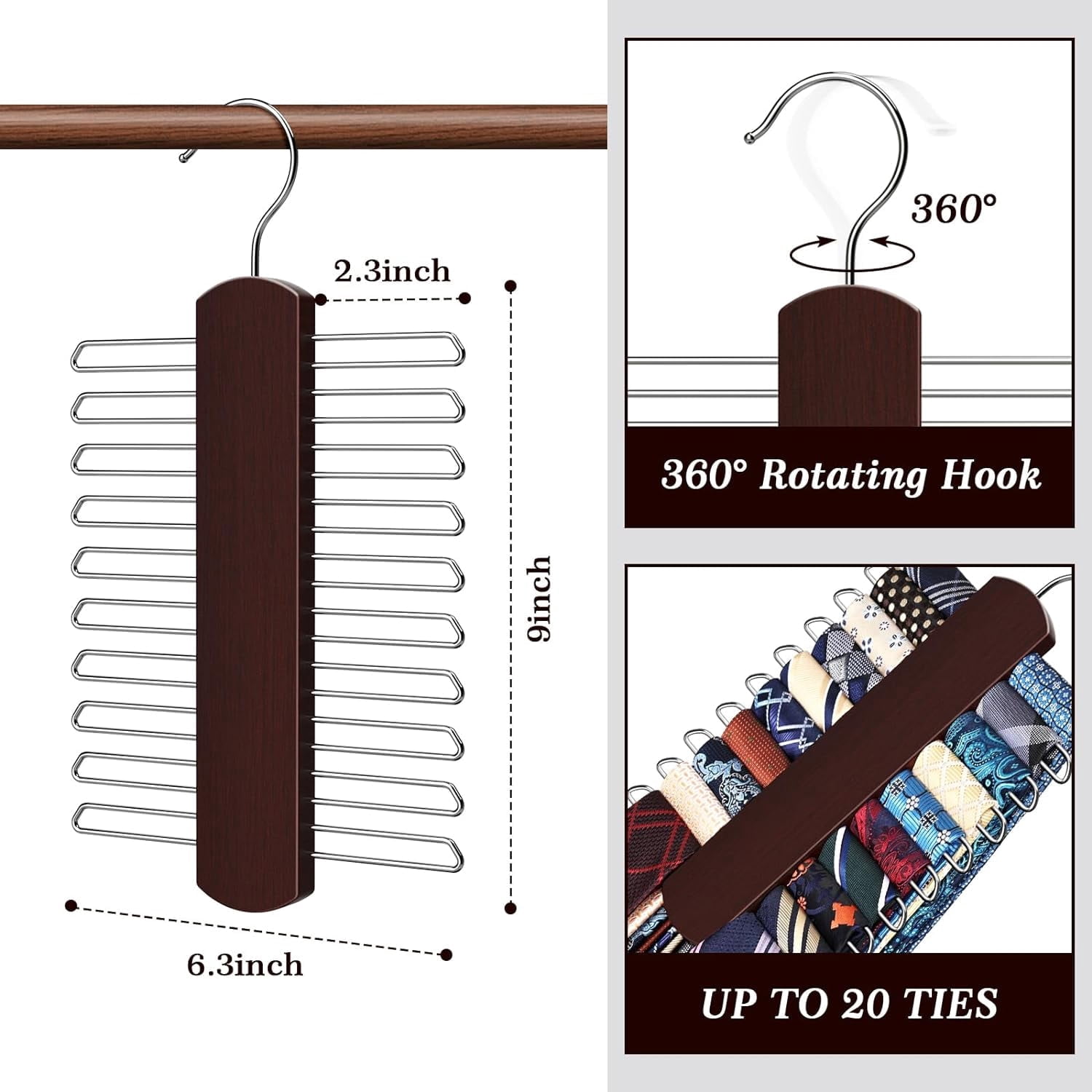 2 Pack Tie Rack for Closet, Premium Wooden Necktie Organizer Storage ...