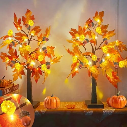 [ 2 Pack & Timer ]20 Inch Prelit Fall Lighted Maple Tree Thanksgiving ...