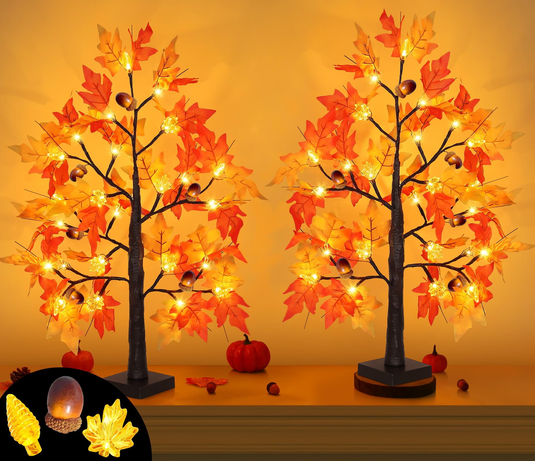 [2 Pack & Timer] 24 Inch Artificial Fall Lighted Maple Tree with 24 LED ...