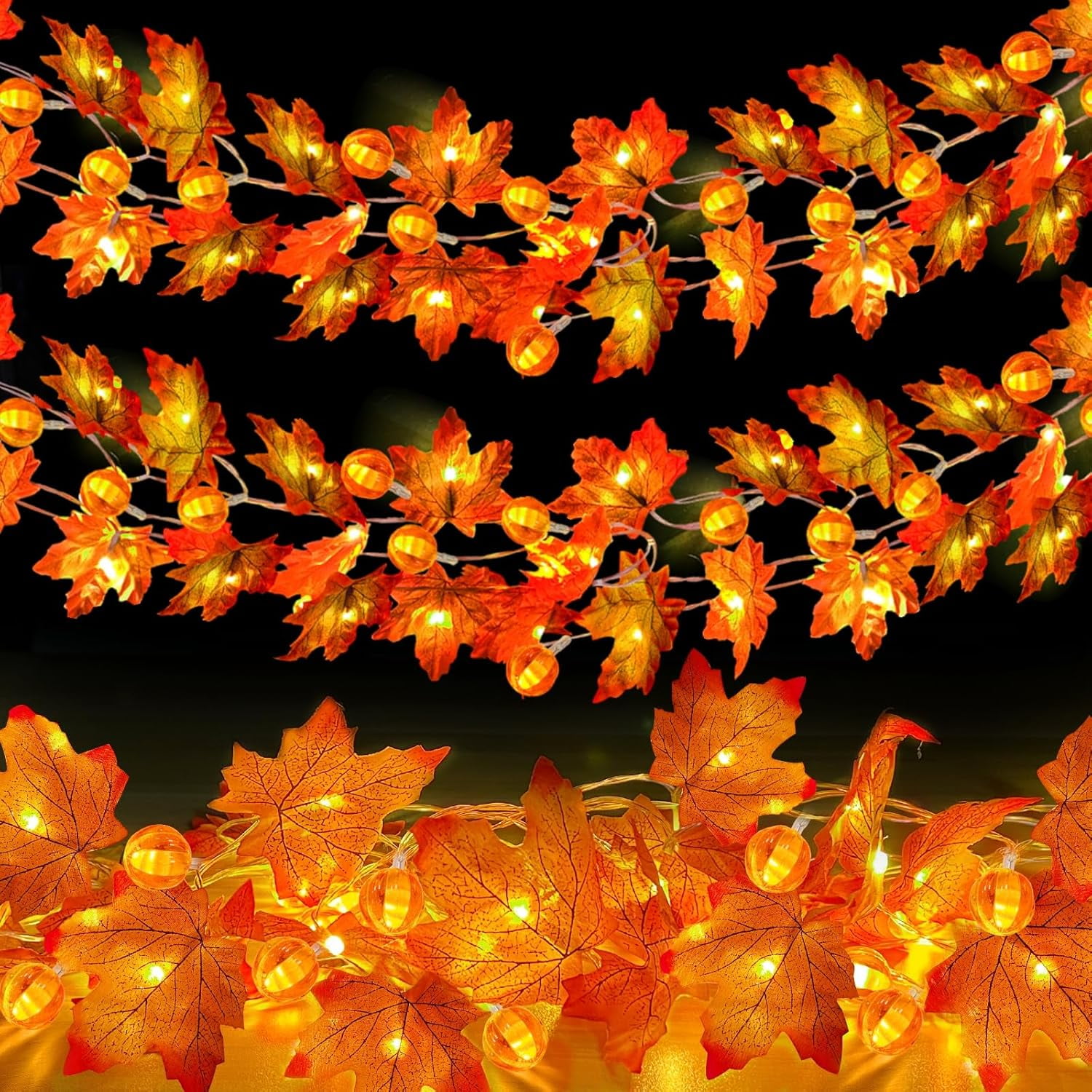2 Pack & Timer - Fall Garland with Pumpkin Lights Halloween Decorations ...