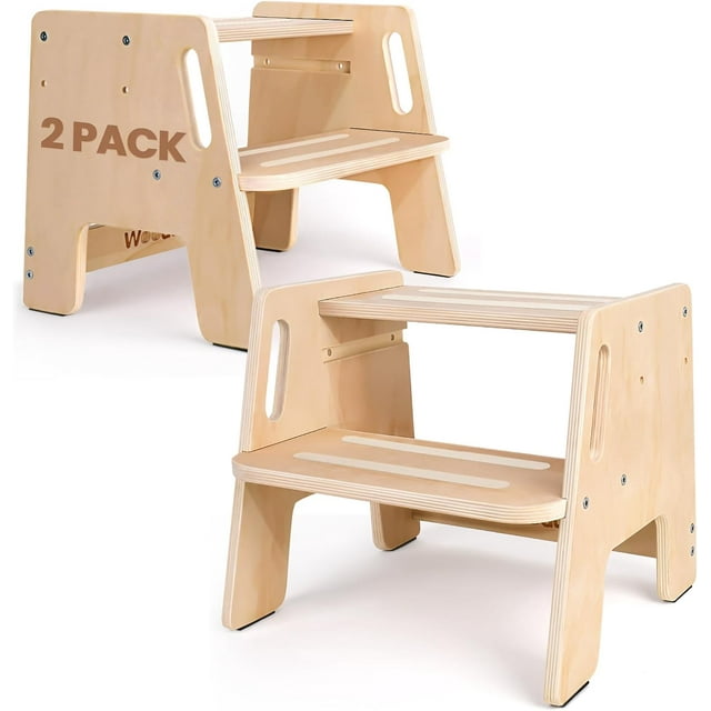 2 Pack Toddler Step Stool, Wooden Height-Adjustable 2-Step Stool for ...