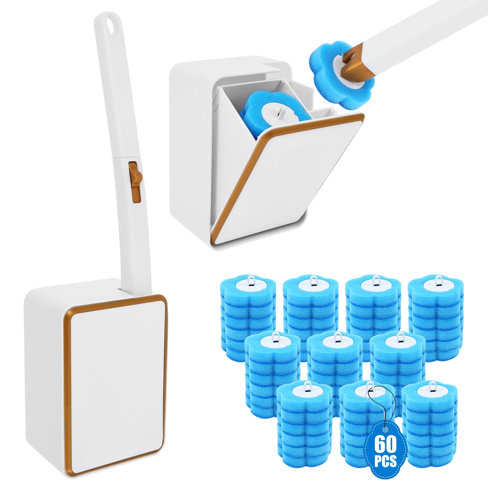 2 Pack Toilet Brush and Holder Set with Extended Handle with 60 Refills ...