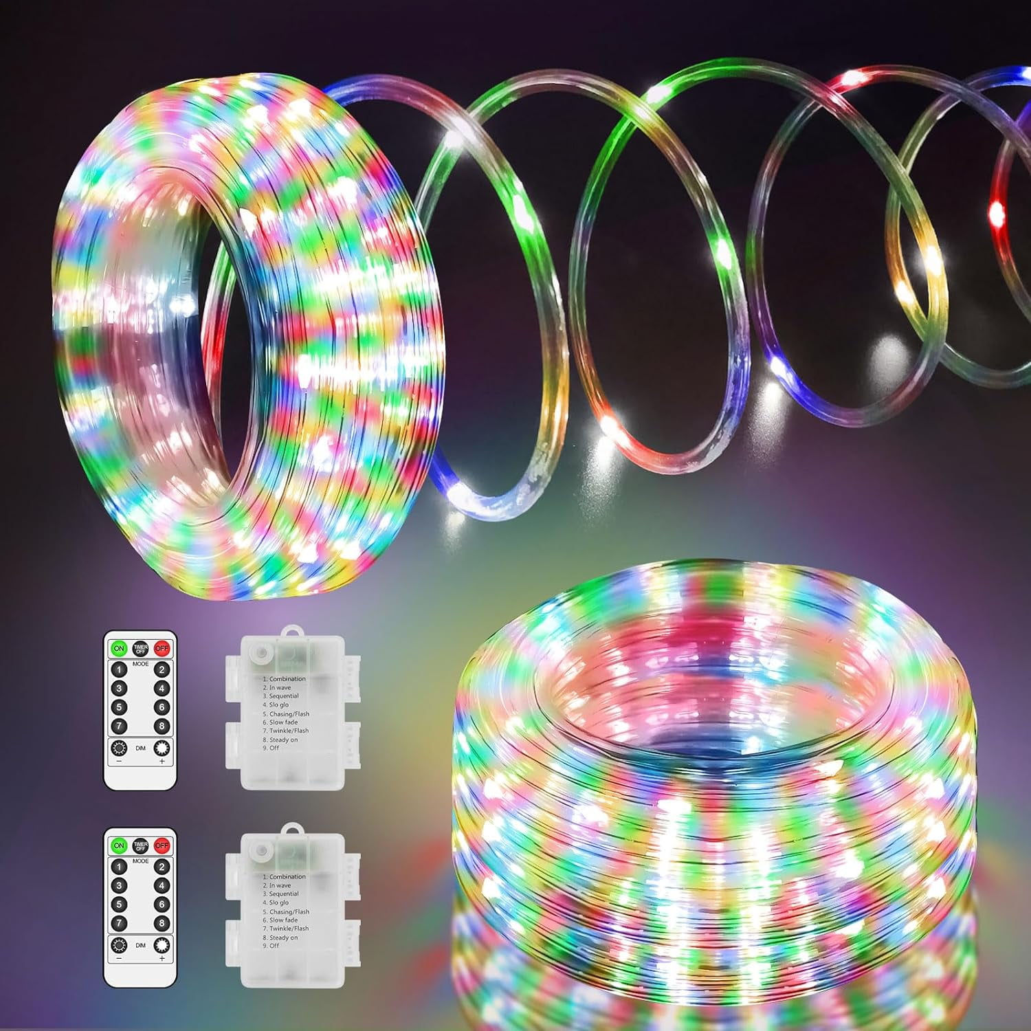 2 Pack Total 144FT 400LED Outdoor LED Rope Lights Battery Operated ...