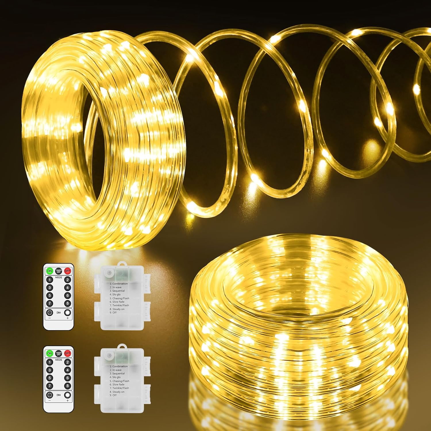 2 Pack Total 46FT 100LED Outdoor LED Rope Lights Battery Operated ...