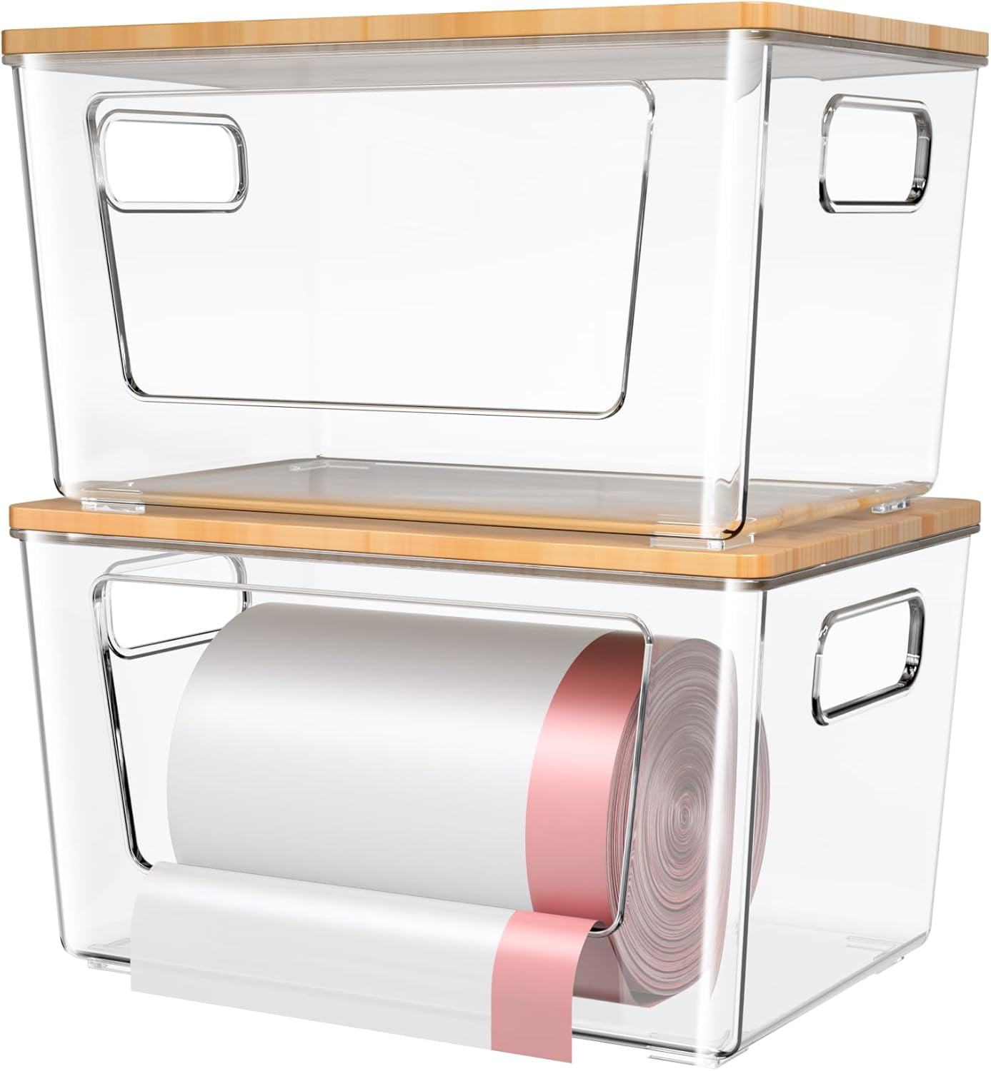 2 Pack Trash Bag Holder with Bamboo Lid, Stackable Trashbag Dispenser ...