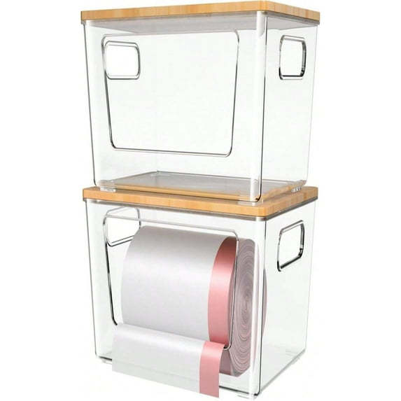 2 Pack Trash Bag Holder With Bamboo Lid, Stackable Trashbag Dispenser ...