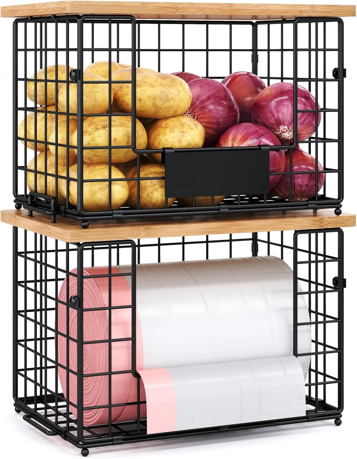 2 Pack Trash Bag Holder, Stackable Wire Baskets with Bamboo Top for ...