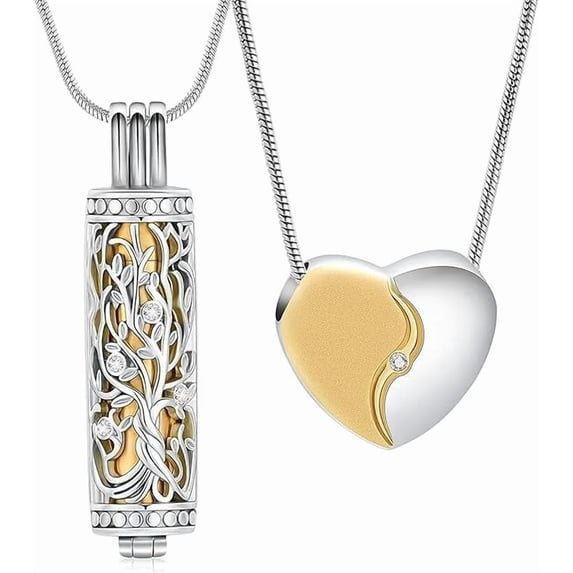 2 Pack Tree of Life / Heart Urn Necklace for Ashes Loved Ones Keepsake ...