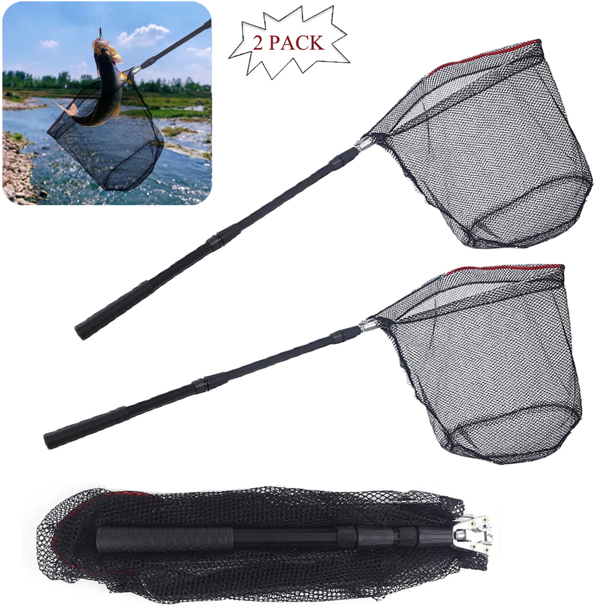2 Pack Triangle Head Folding Fish Net with 3-section Anti-Slip ...