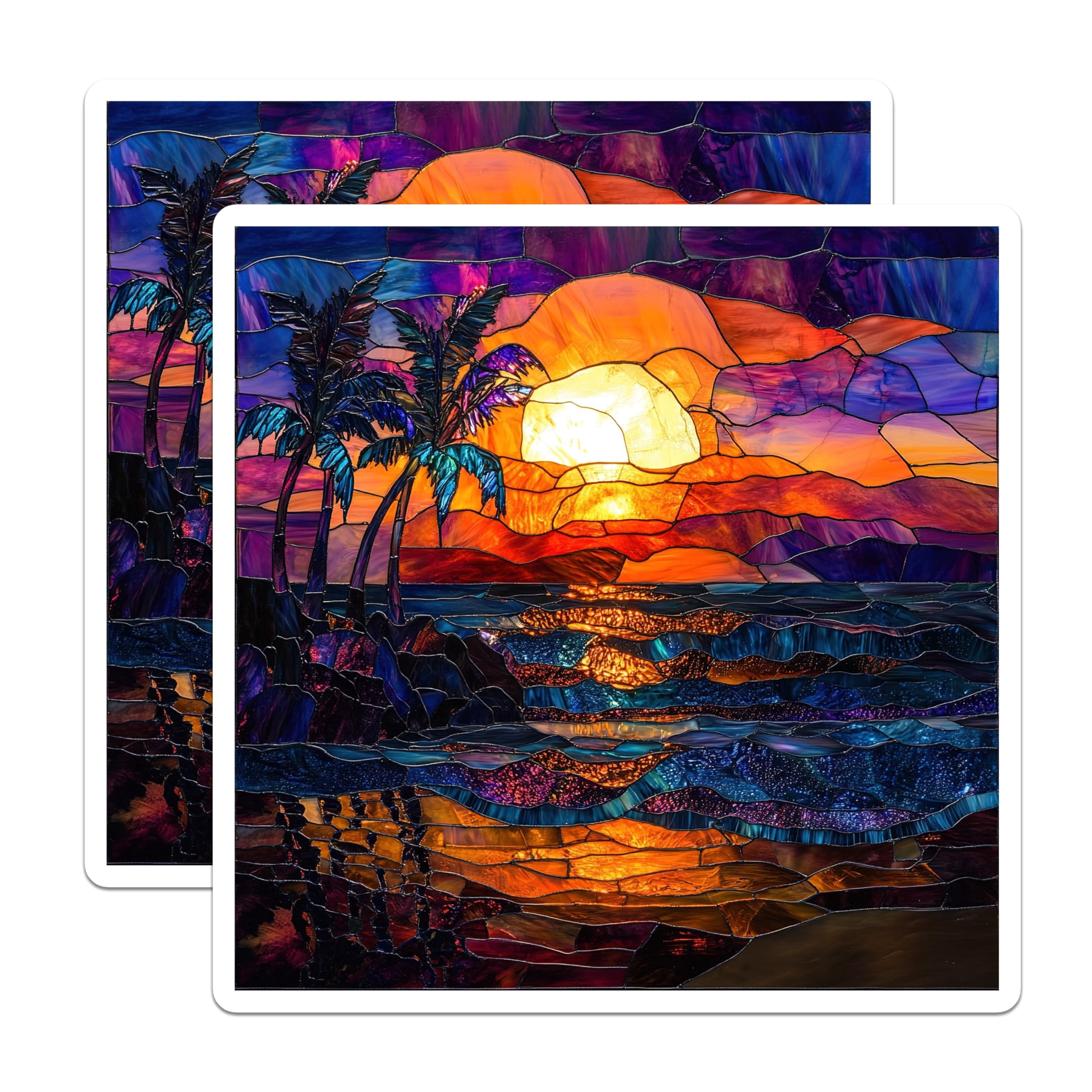 (2 Pack) Tropical Sunset Magnets - Stained Glass Palm Tree - Beach ...