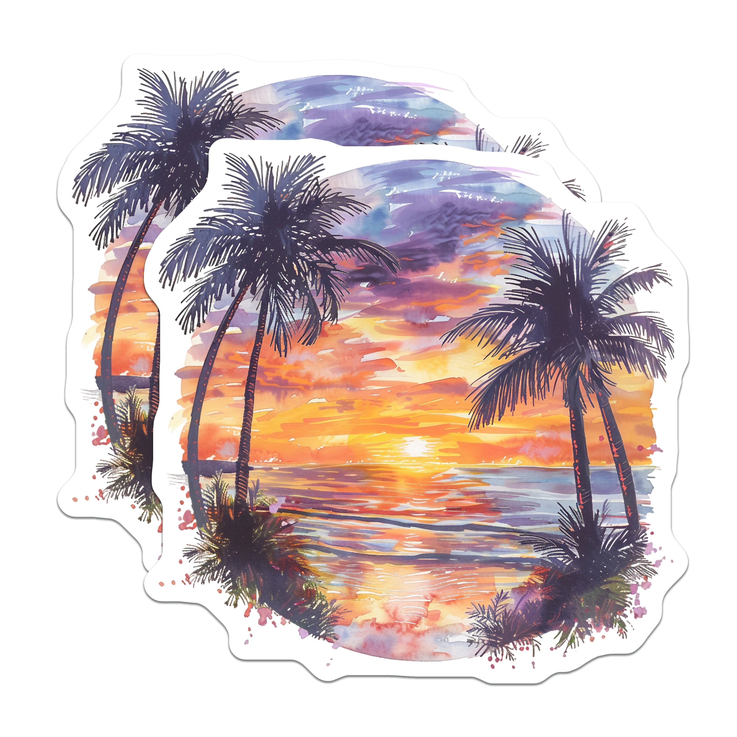 (2 Pack) Tropical Sunset Stickers - Palm Tree Beach Ocean Watercolor ...