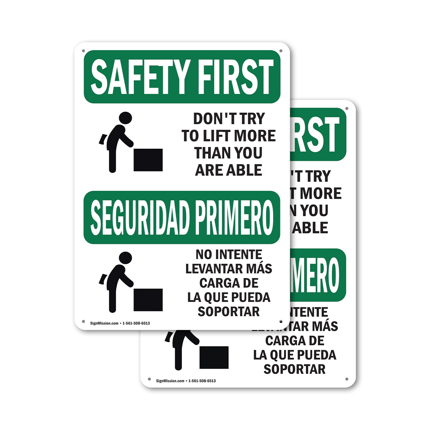 (2 Pack) Don't Try To Lift More Than Bilingual OSHA Safety First Sign 7 ...