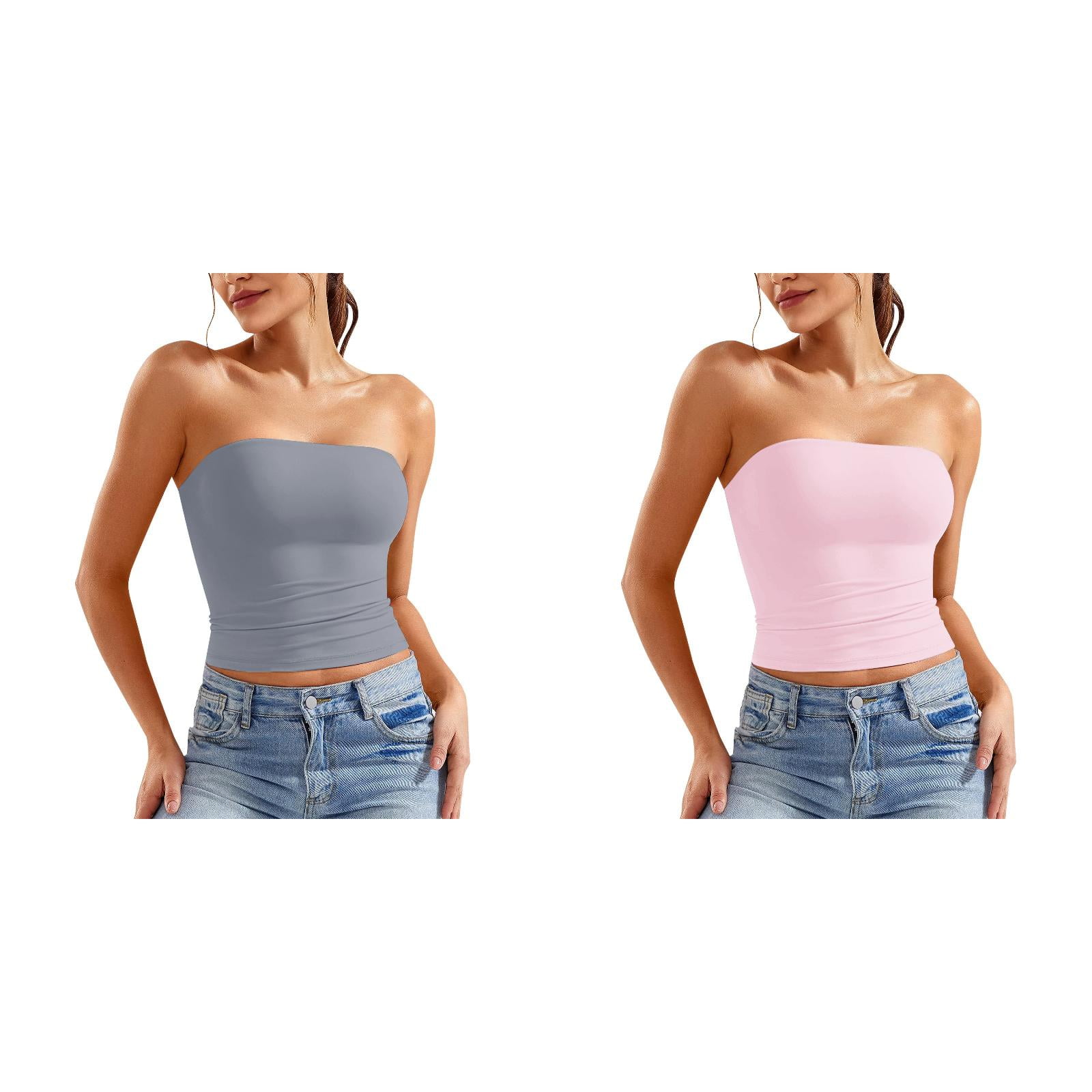 2 Pack Tube Tops for Women Womens Tube Tops Strapless Crop Tops Basic ...