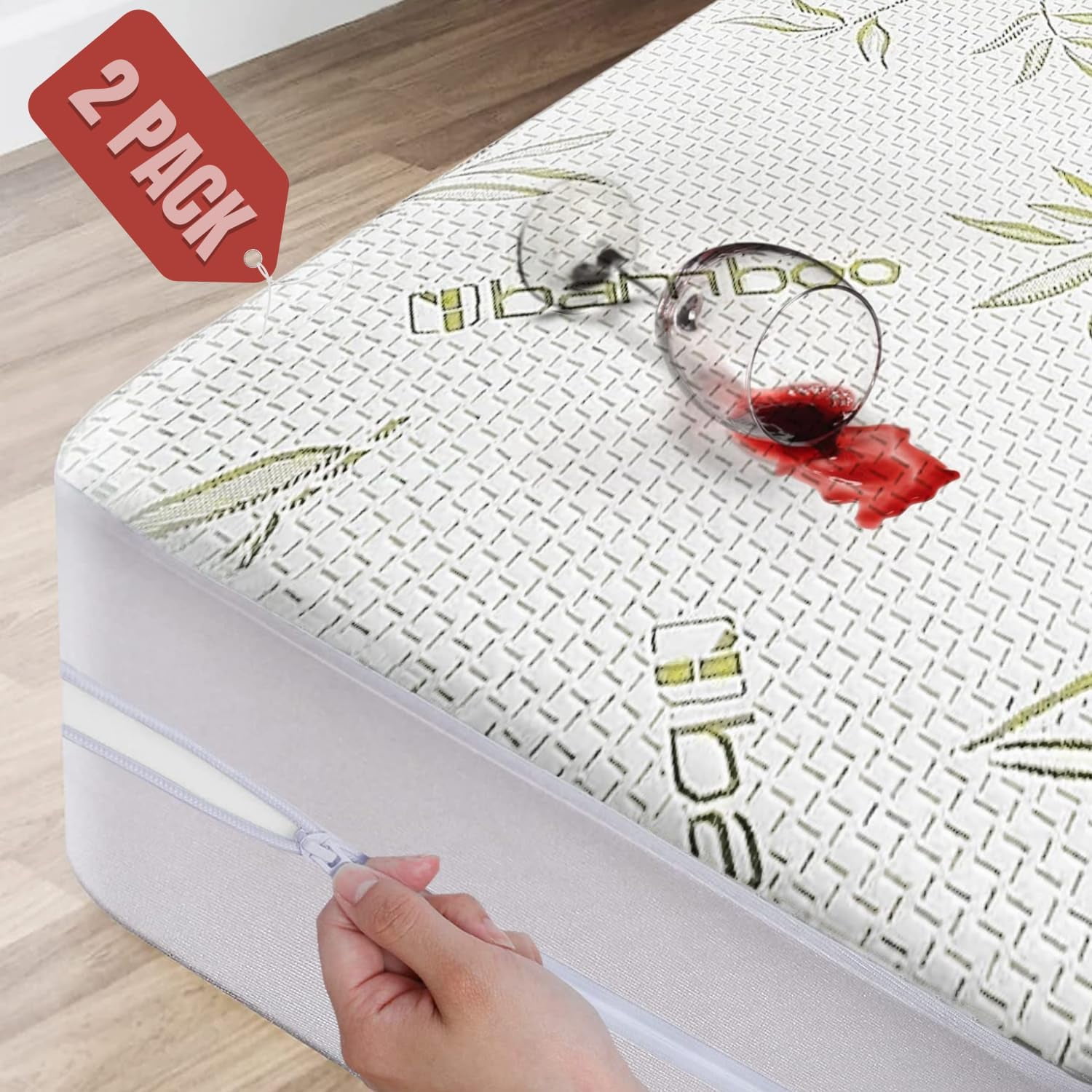2 Pack Twin Mattress Protector with Zipper - 100% Waterproof Bamboo ...