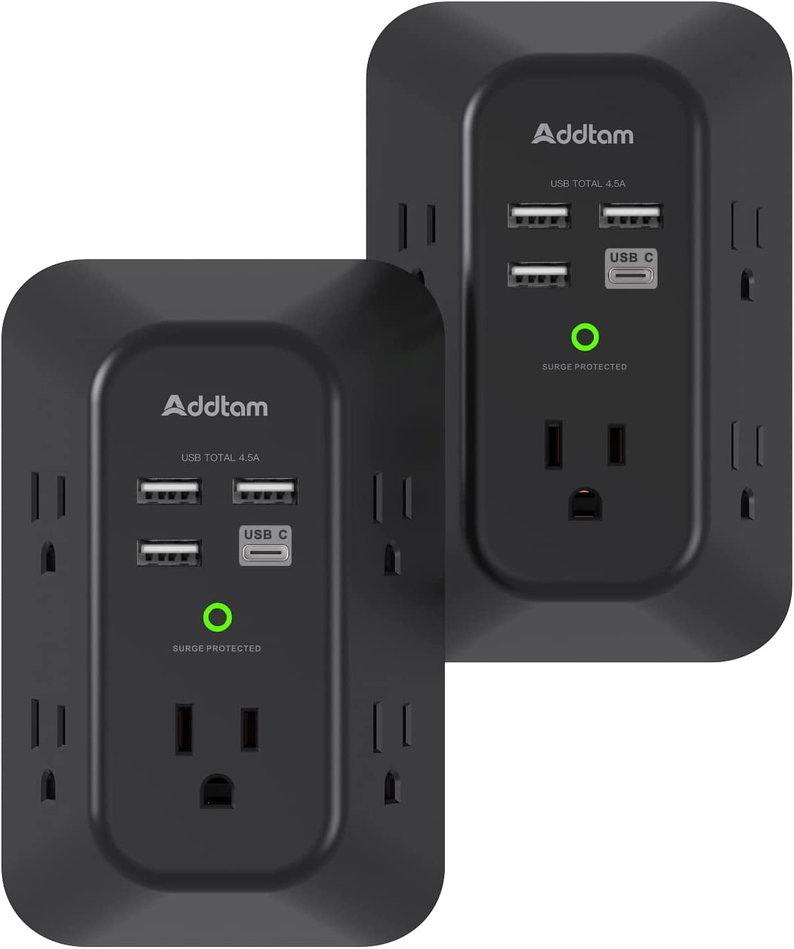 2 Pack USB Wall Charger Surge Protector, 5 Outlet Extender with 4 USB ...