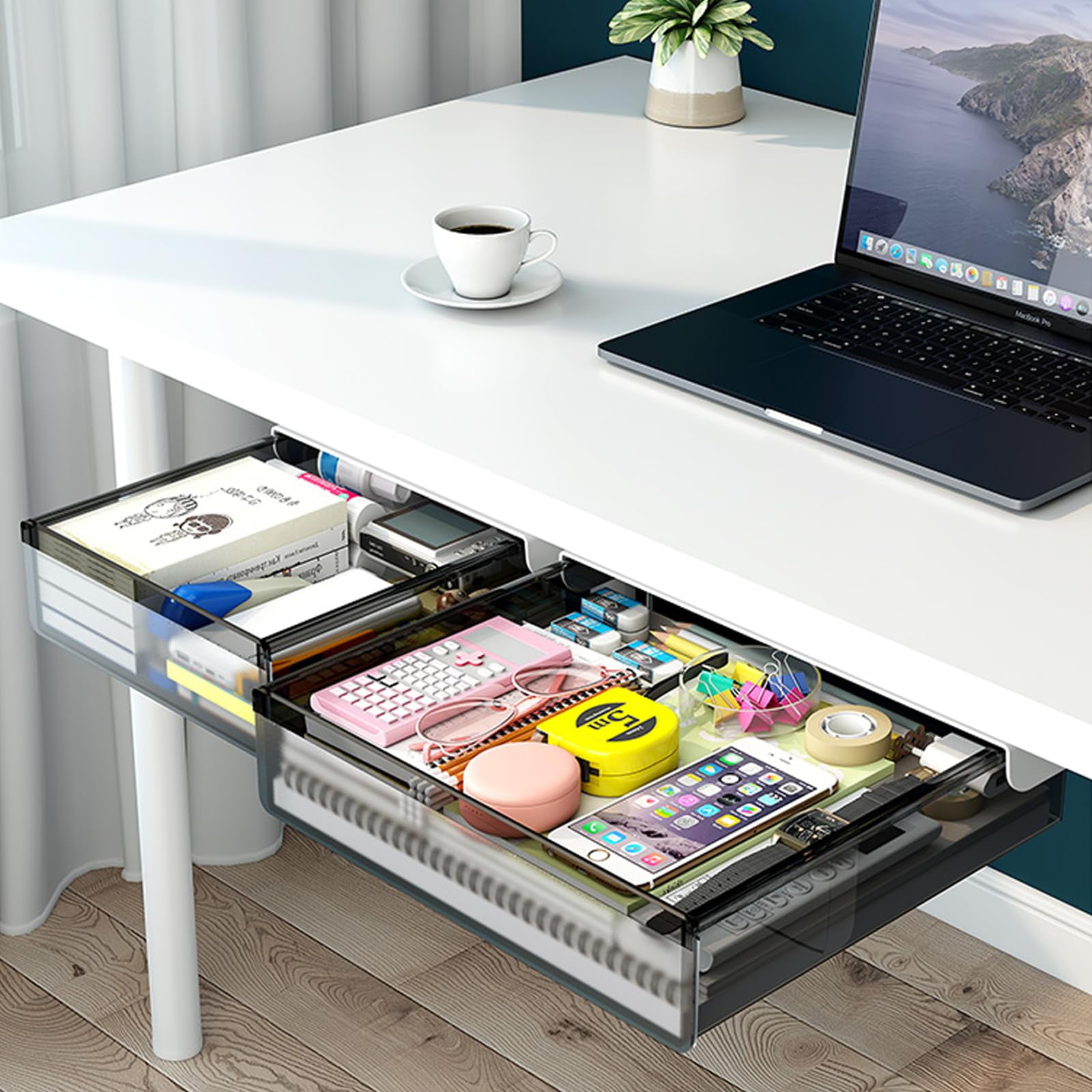 2 Pack Under Desk Drawer, Slide Out Under Desk Storage Organizer, Self ...