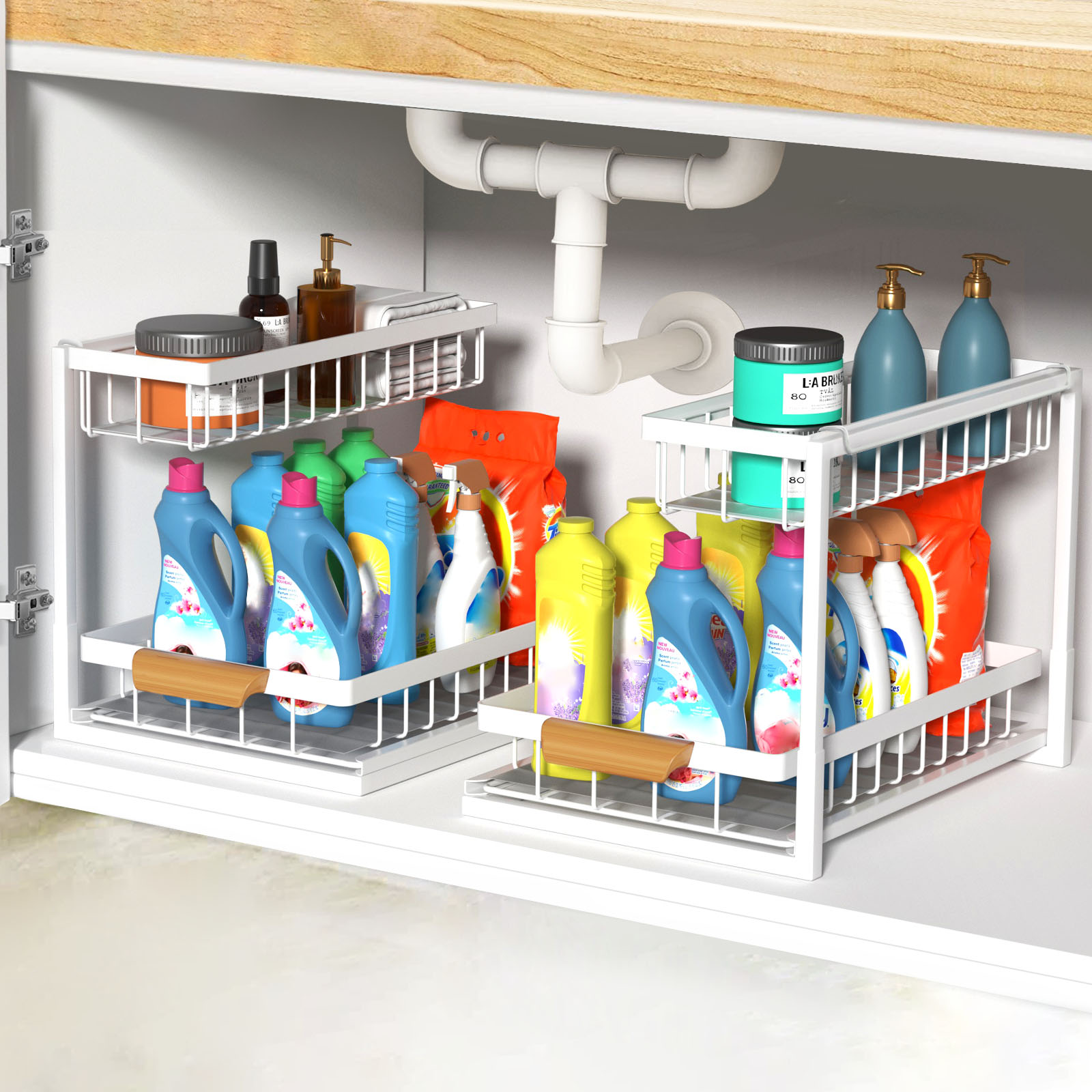 Simple Houseware Stackable Under Sink Cabinet Sliding Basket Organizer ...