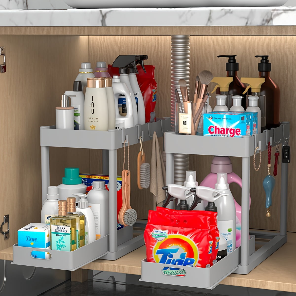2 Pack Under Sink Organizer - Multi-Purpose, 2 Tier Sliding Cabinet ...