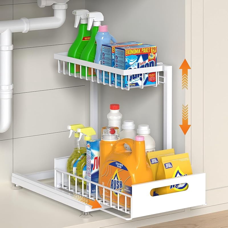 2 Pack Under Sink Organizer Storage 2-Tier Premium Metal Pull-Out Racks ...