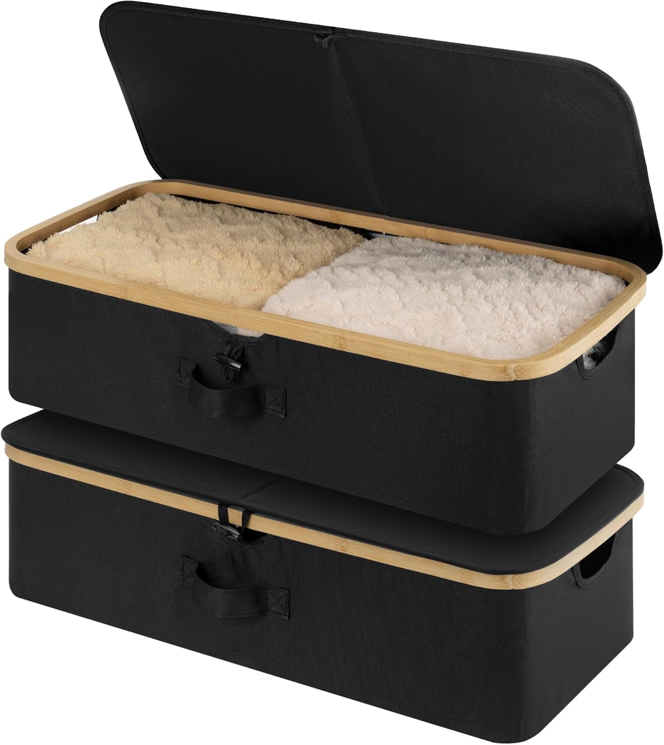 2-Pack Underbed Storage Box with Bamboo Frame, 42L Flip-Top Under Bed ...
