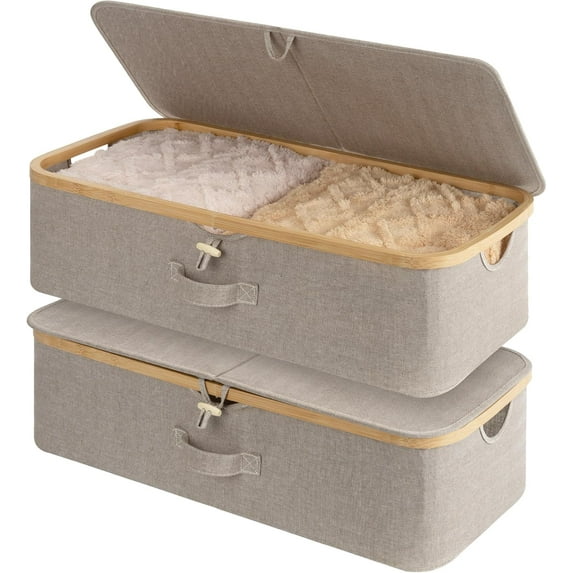 2-Pack Underbed Storage Box with Bamboo Frame, 42L Flip-Top Under Bed ...