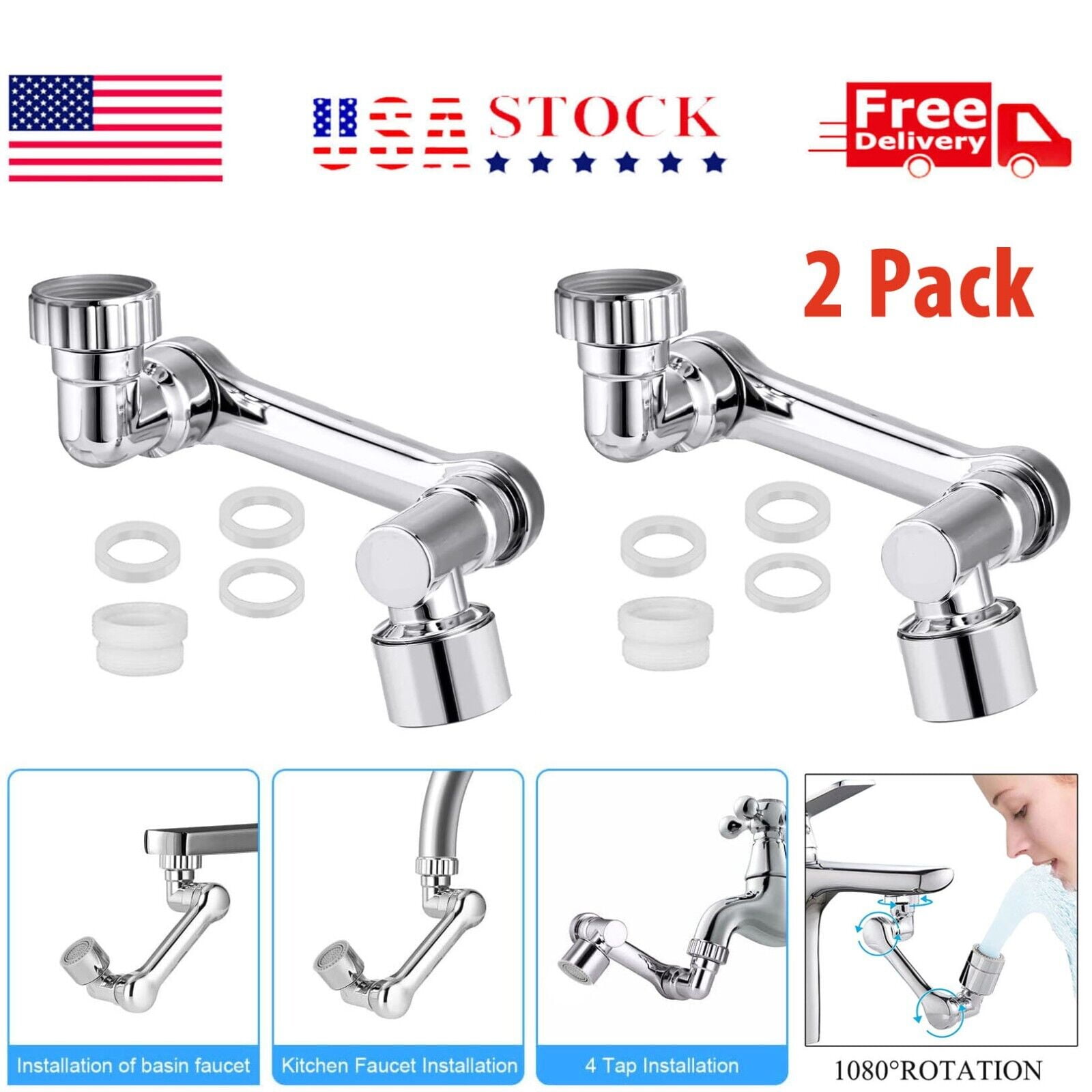 2 Pack Universal 1080° Swivel Robotic Arm Swivel Extension Abs Faucet ...