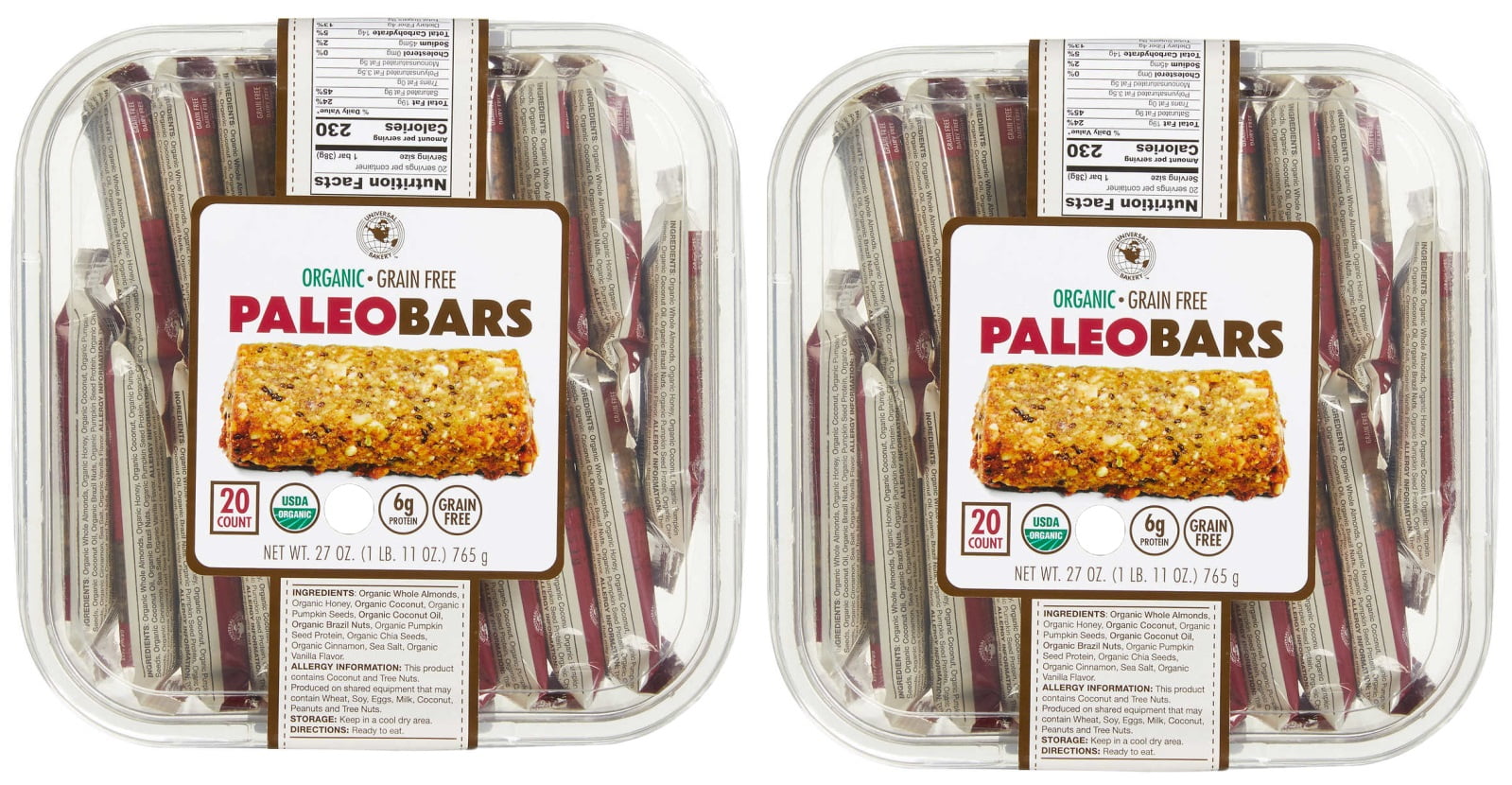 Universal Bakery Organic Paleo Bars, 2 Pack, 20 Count, Individually ...