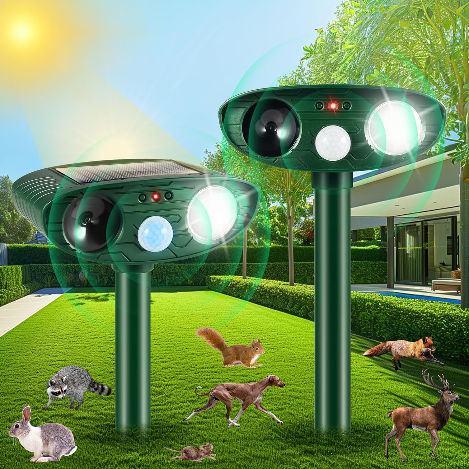 2 Pack Ultrasonic Animal Deterrent, Solar, Waterproof, Motion Detection ...