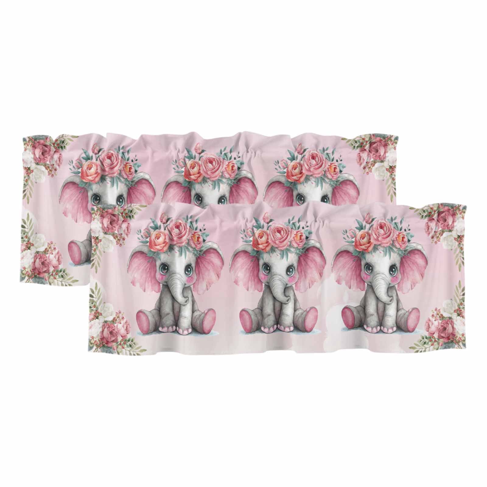 2 Pack Valances for Window, Pink Elephant Short Curtains for Kitchen ...