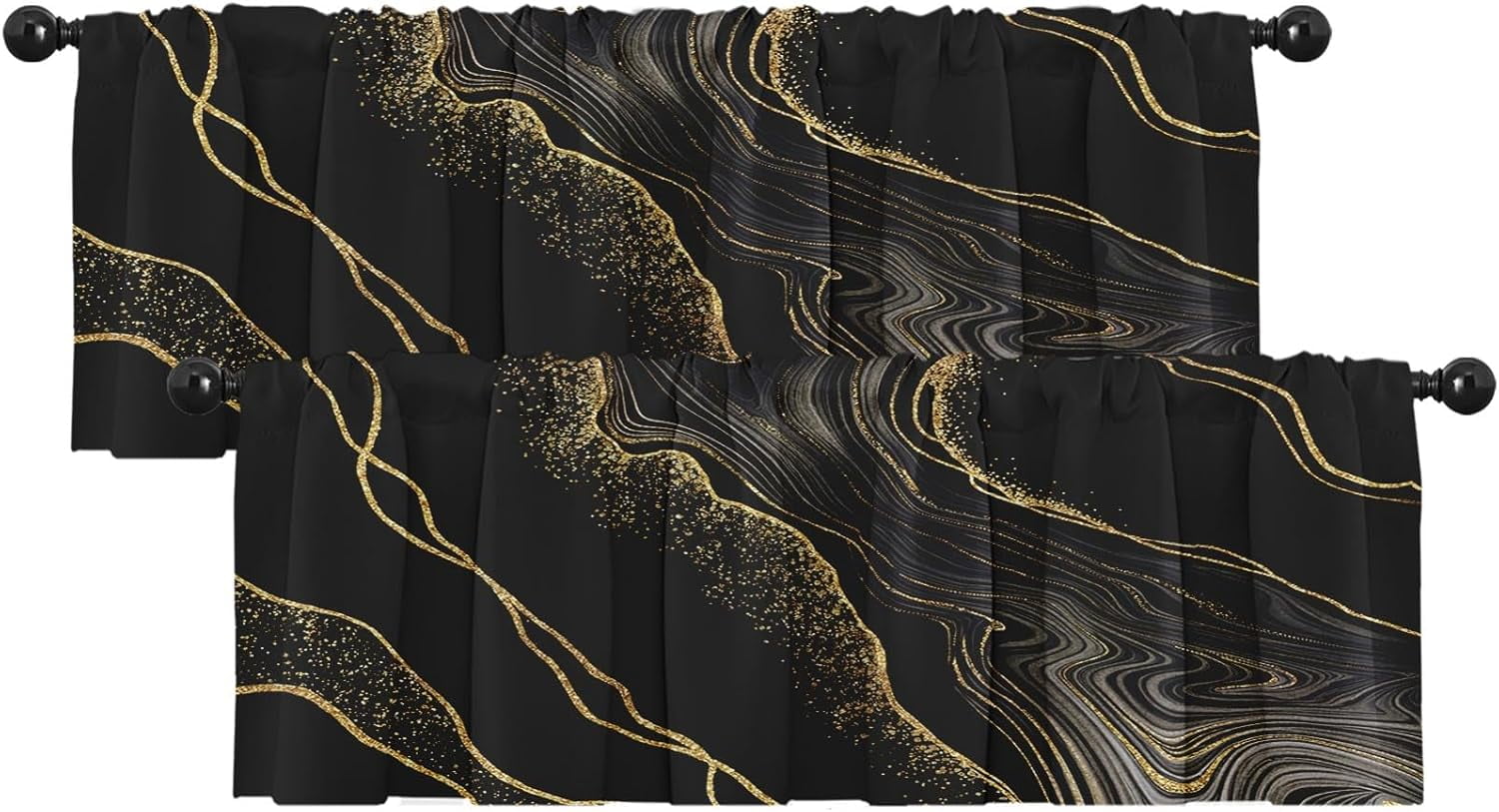 2 Pack Valances Window Treatments, Agate Golden Stone Marble Black Gold ...