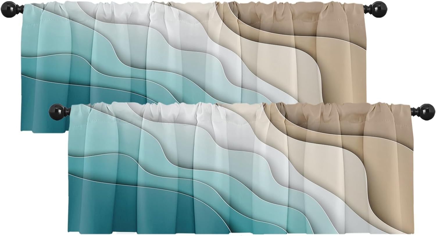 2 Pack Valances Window Treatments, Blue and Brown Abstract Modern Art ...