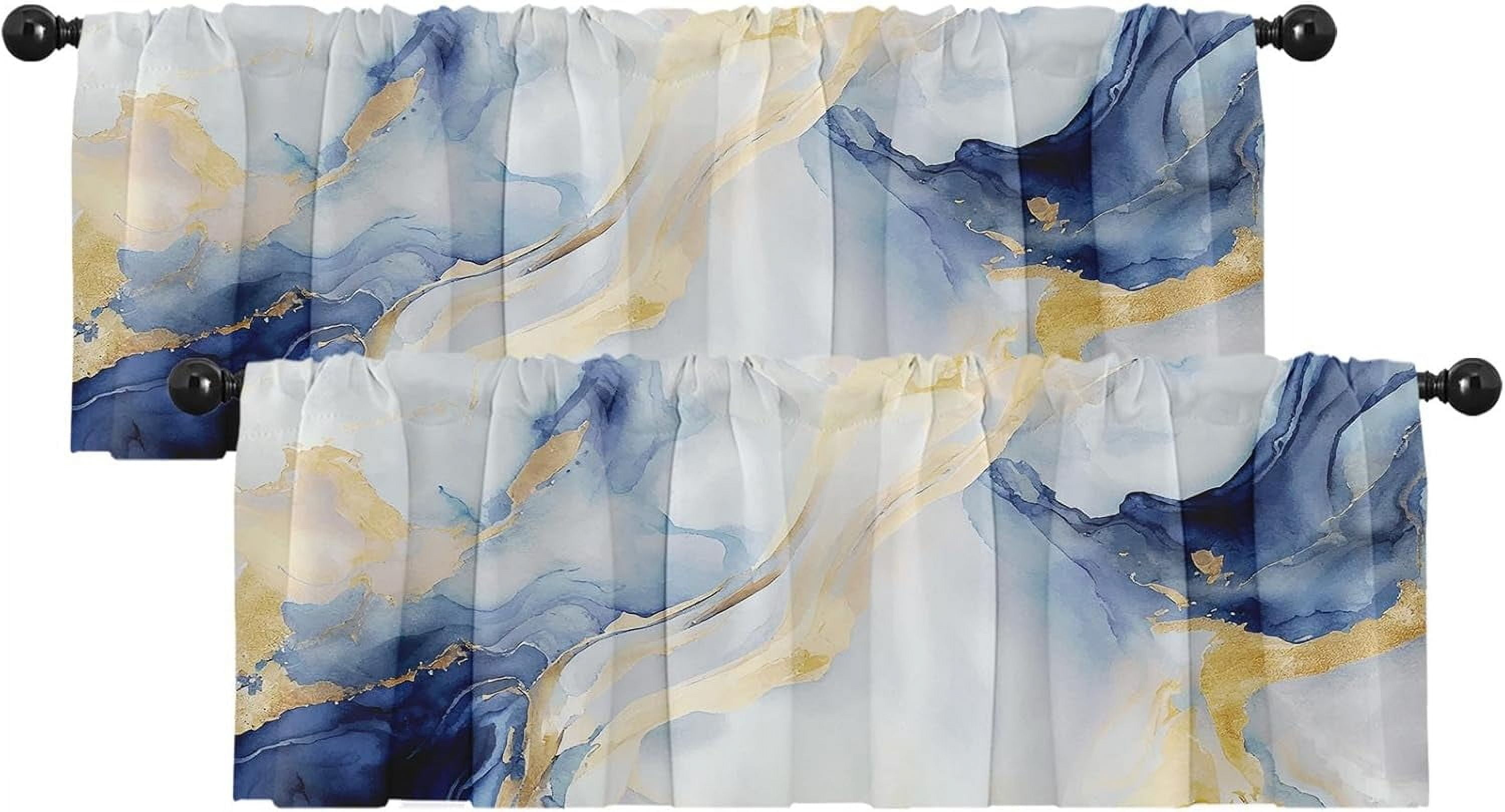 2 Pack Valances Window Treatments, Blue Golden Marble Grey Abstract ...