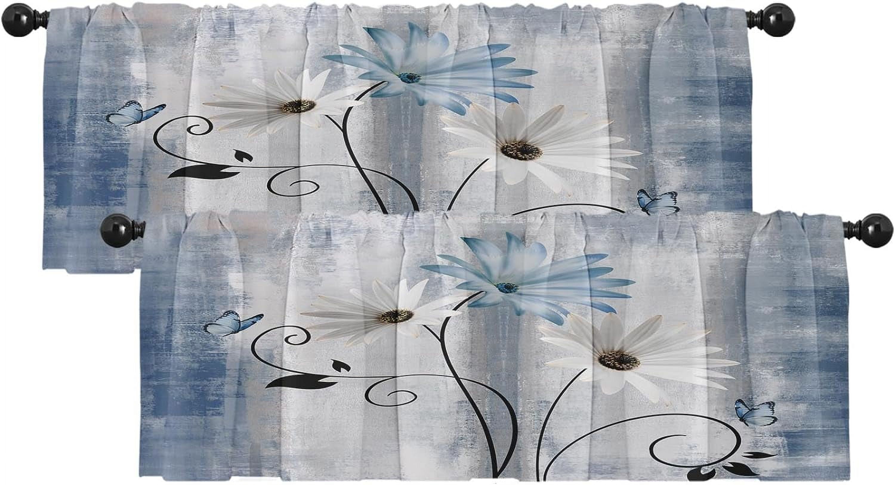 2 Pack Valances Window Treatments, Farmhouse Blue Daisy Flowers ...