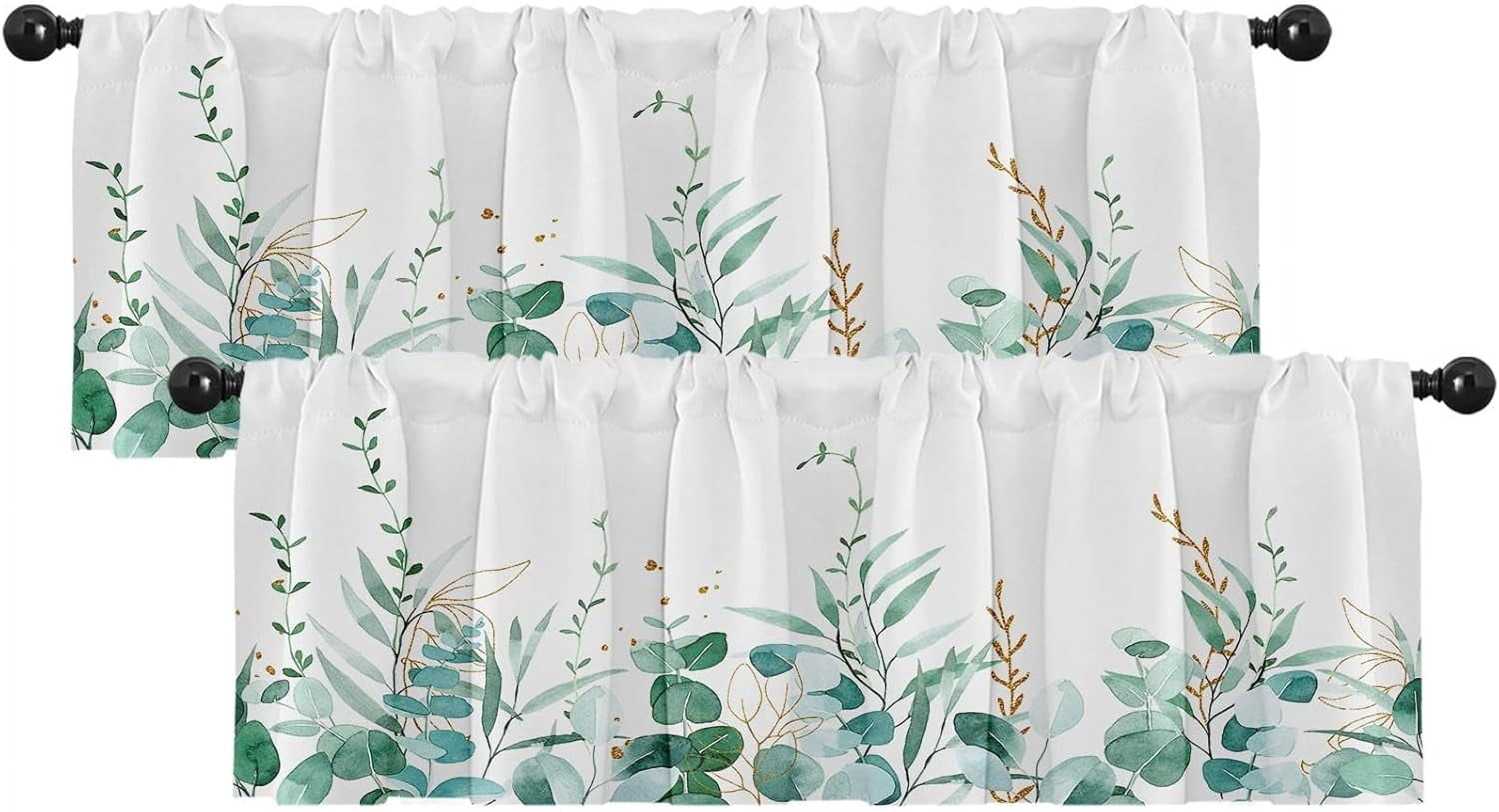 2 Pack Valances Window Treatments, Green Eucalyptus Leaves Golden Leaf ...