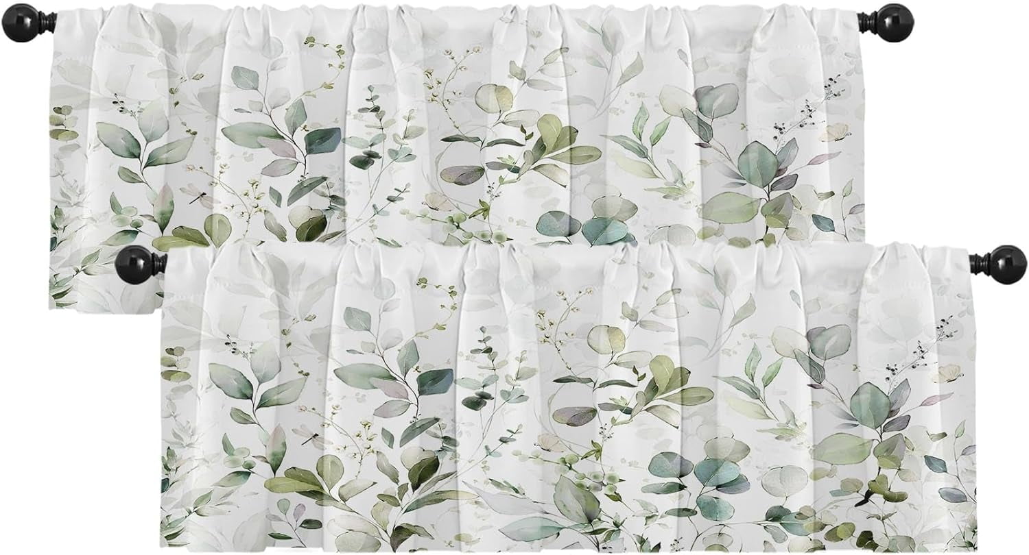 2 Pack Valances Window Treatments, Green Watercolor Eucalyptus Leaves ...