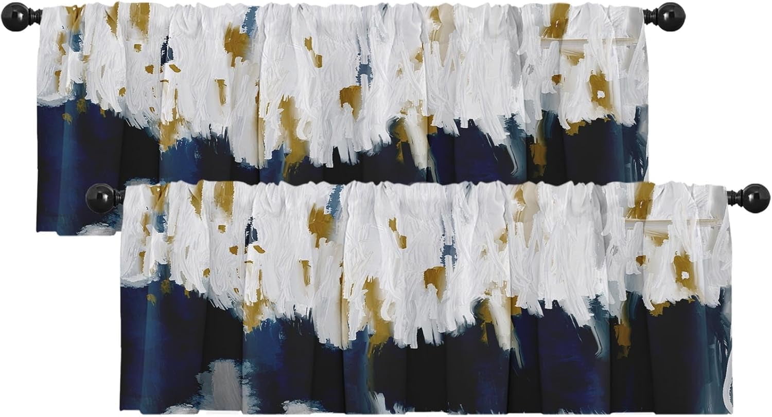 2 Pack Valances Window Treatments, Navy Blue Gold Painting Blackout ...